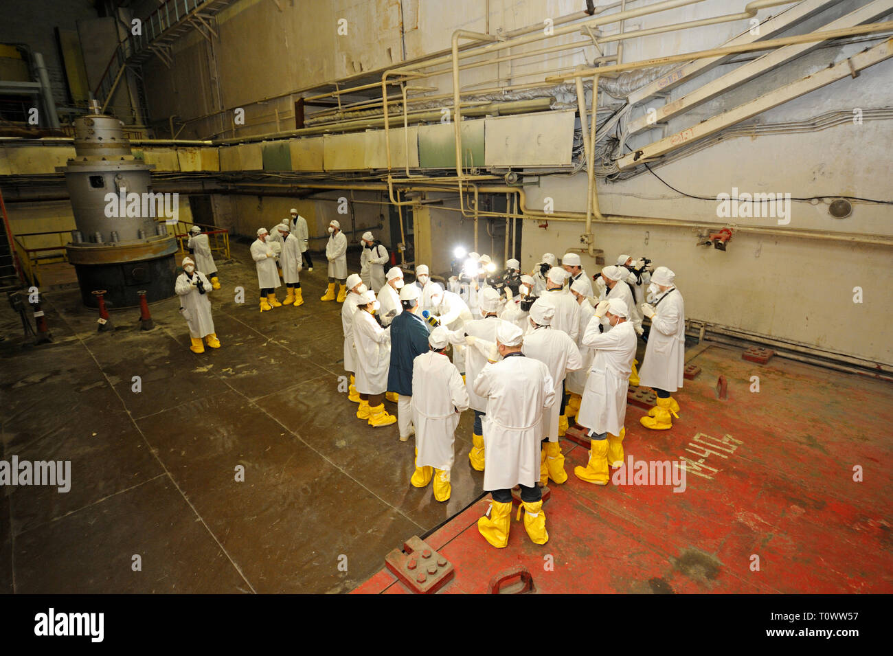 Journalists visiting the hall of pumping station of Chernobyl Nuclear ...