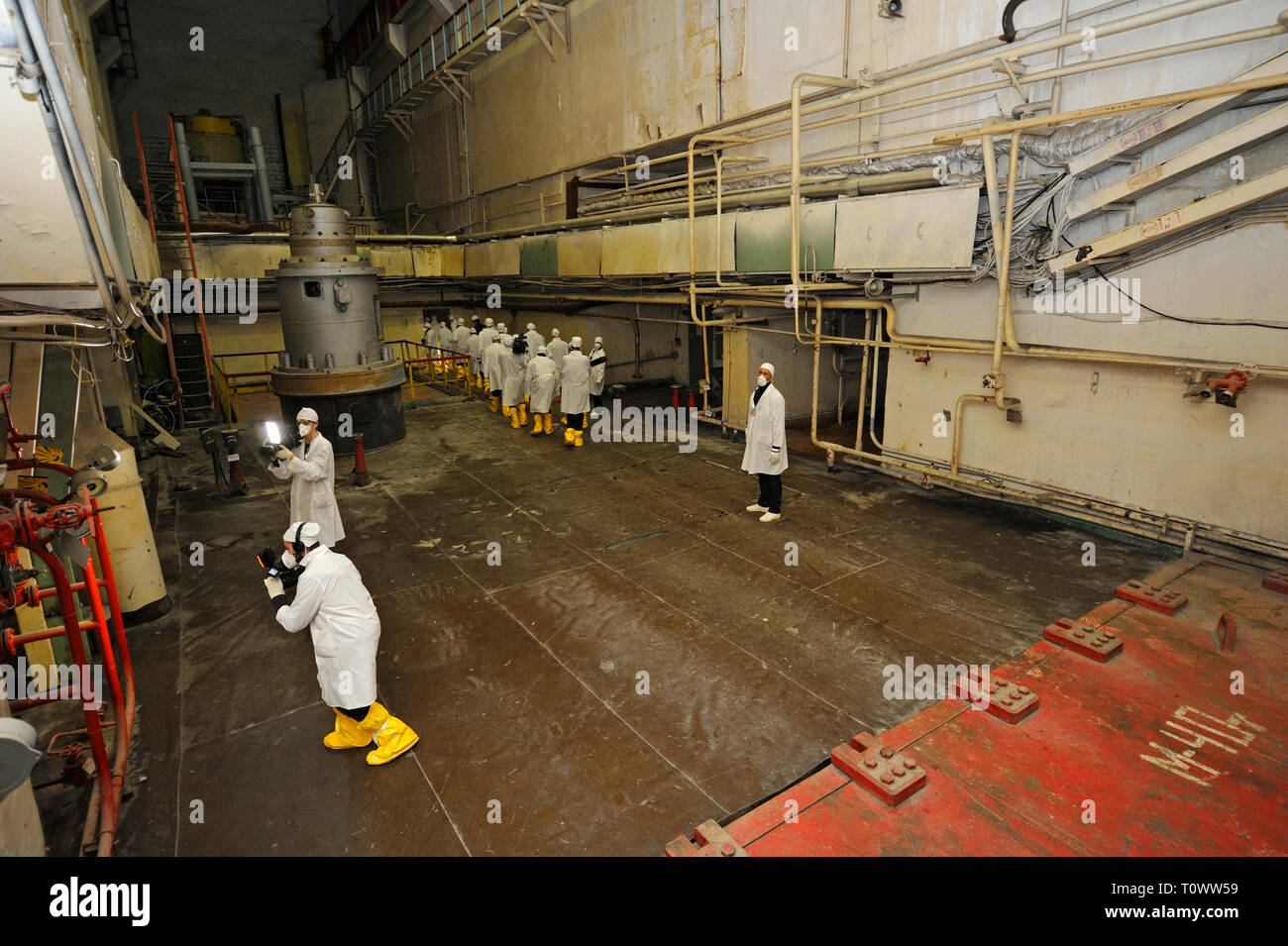 Journalists visiting the hall of pumping station of Chernobyl Nuclear ...
