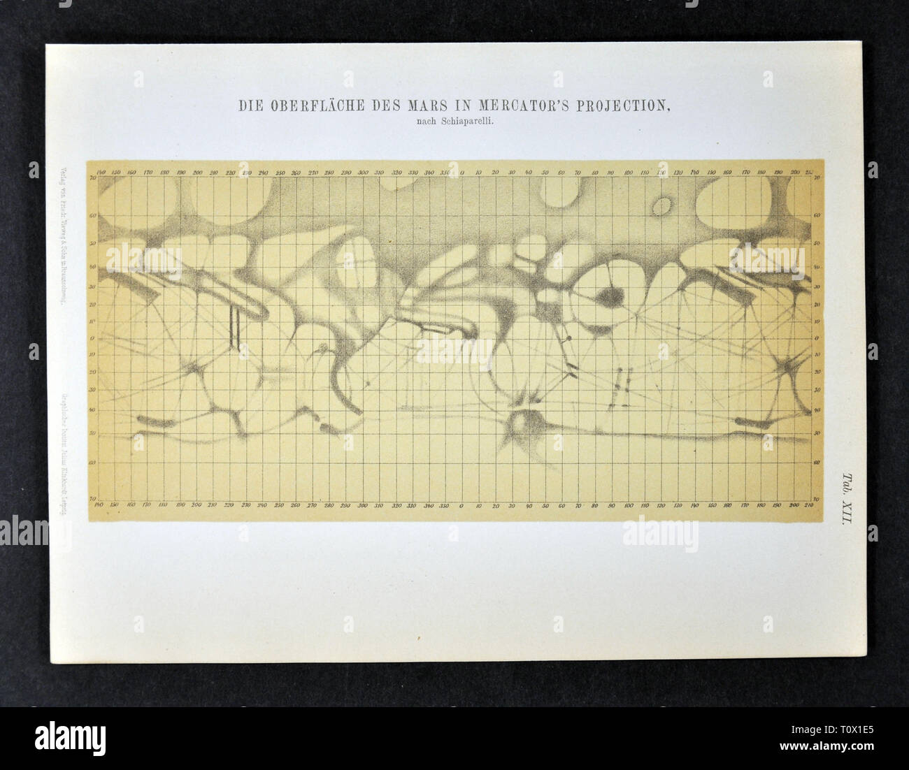 1894 Muller Astronomy Map of Mars on Mercator's Projection showing the Canals by Schiaparelli ...