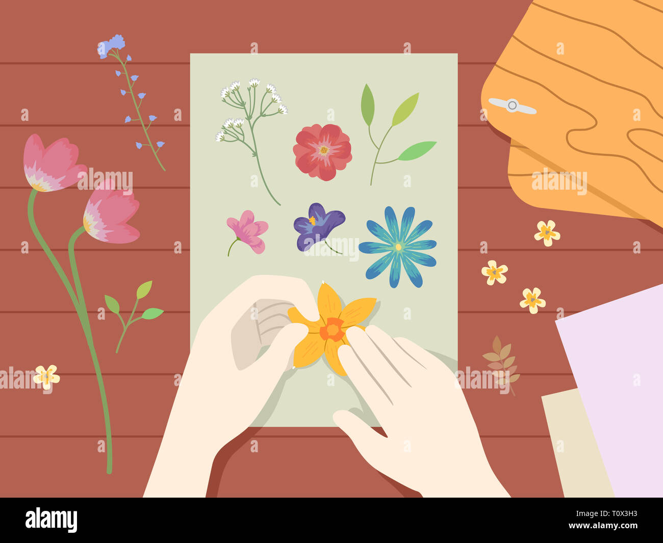 Illustration of Hands Holding and Pressing Flowers on a Paper for a ...