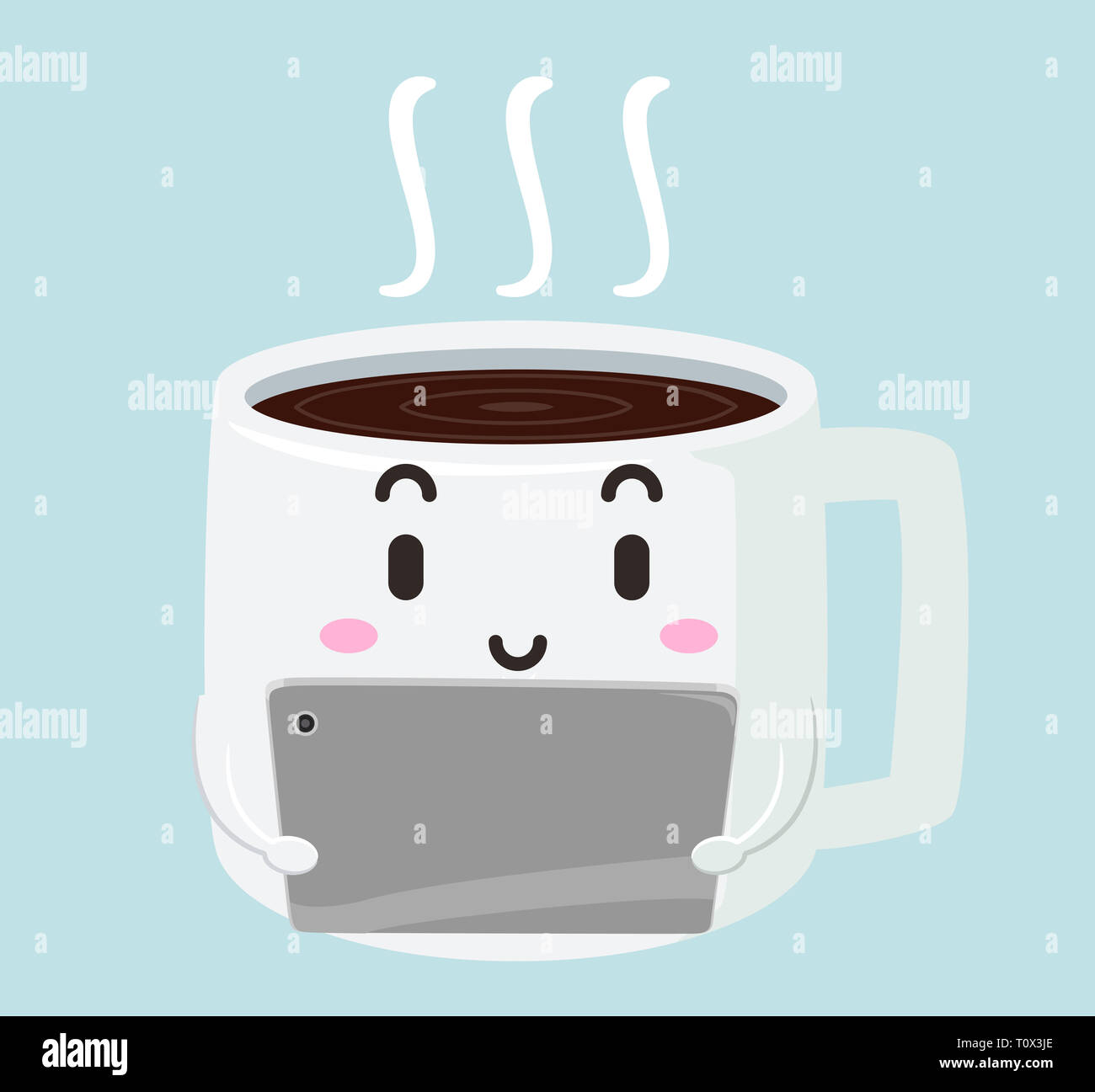 Illustration of a Cup of Coffee Mascot Using a Tablet Computer Stock ...