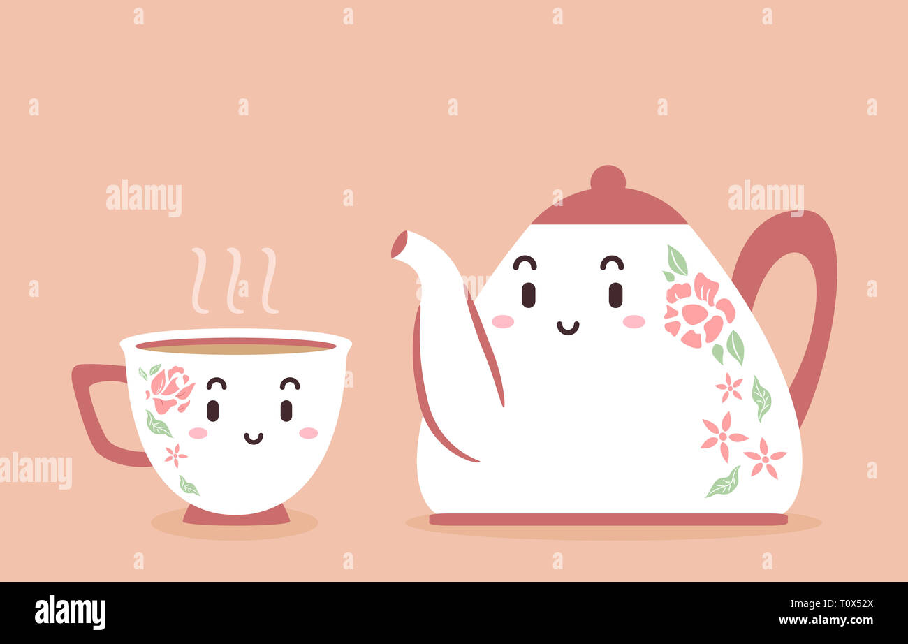 Illustration of a Pot and Cup of Tea Mascots Stock Photo - Alamy