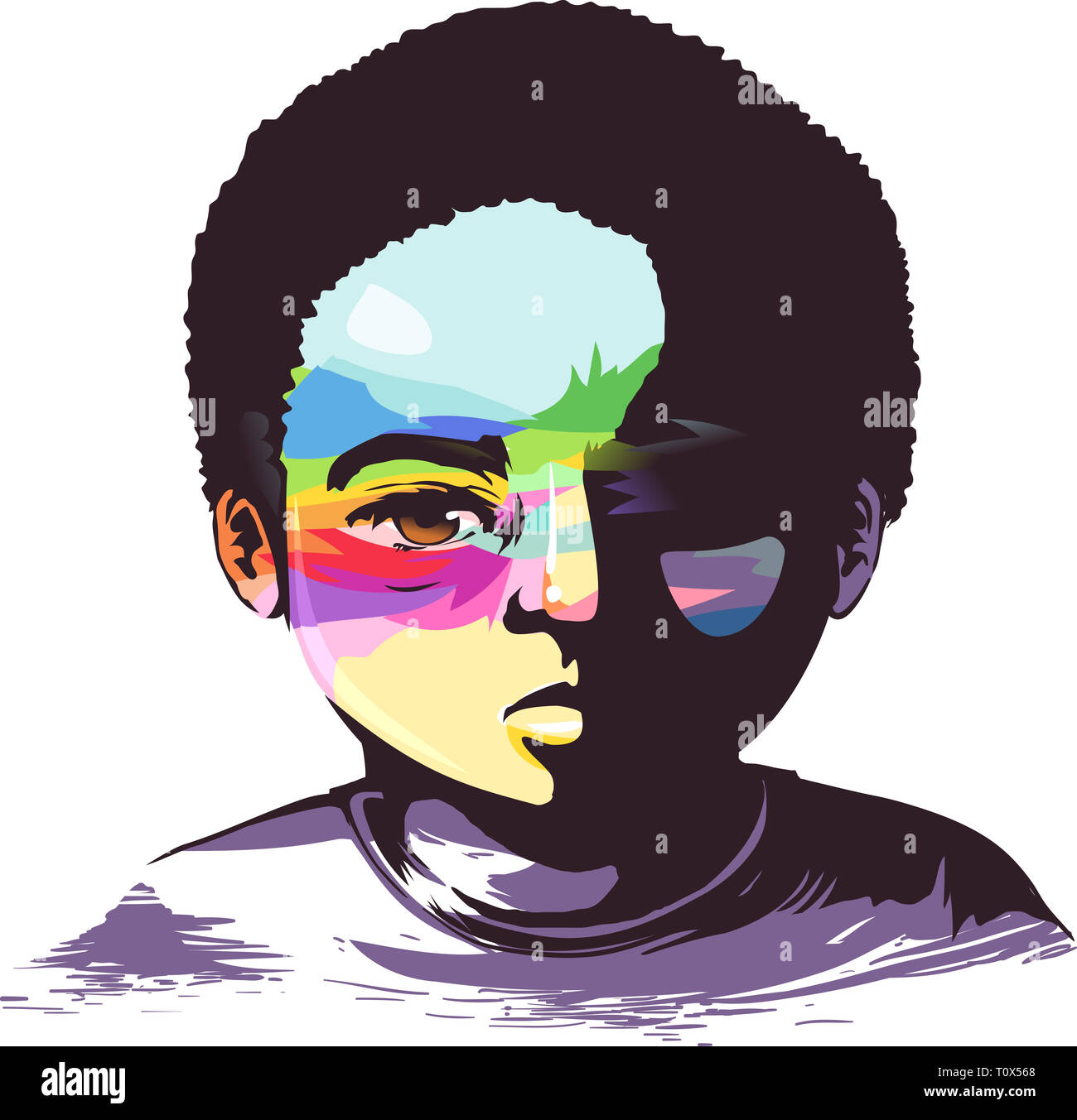Illustration of a Sad Black Kid Boy with Rainbow Paint on Face Stock ...