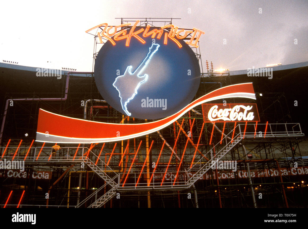 The Rock In Rio light up logo along with a Coca Cola logo are shown on ...