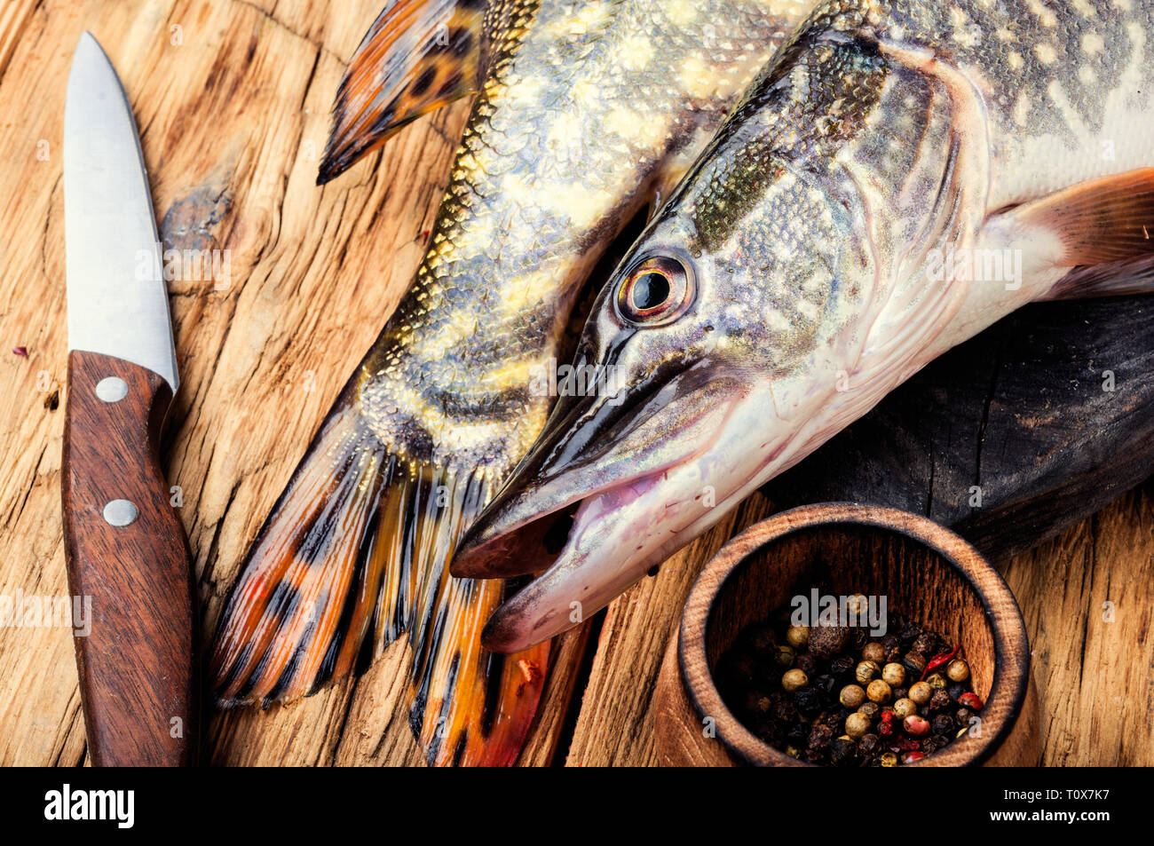 Two raw pike with spices on an old wooden background.Raw fish with ...