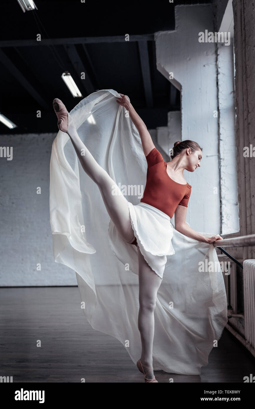 Beautiful talented ballerina holding her leg up Stock Photo - Alamy
