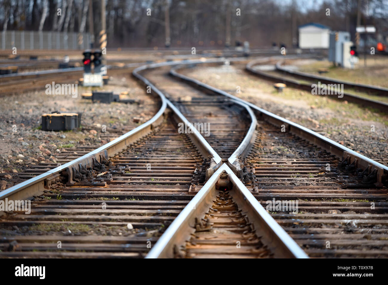 Large empty railroad fork. Concept of industrial logistic and ...