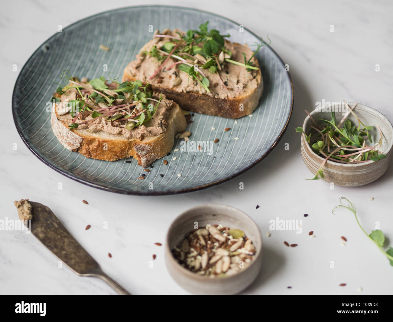 Two toasts duck with prunes rillettes pate on white bread with sprouts ...
