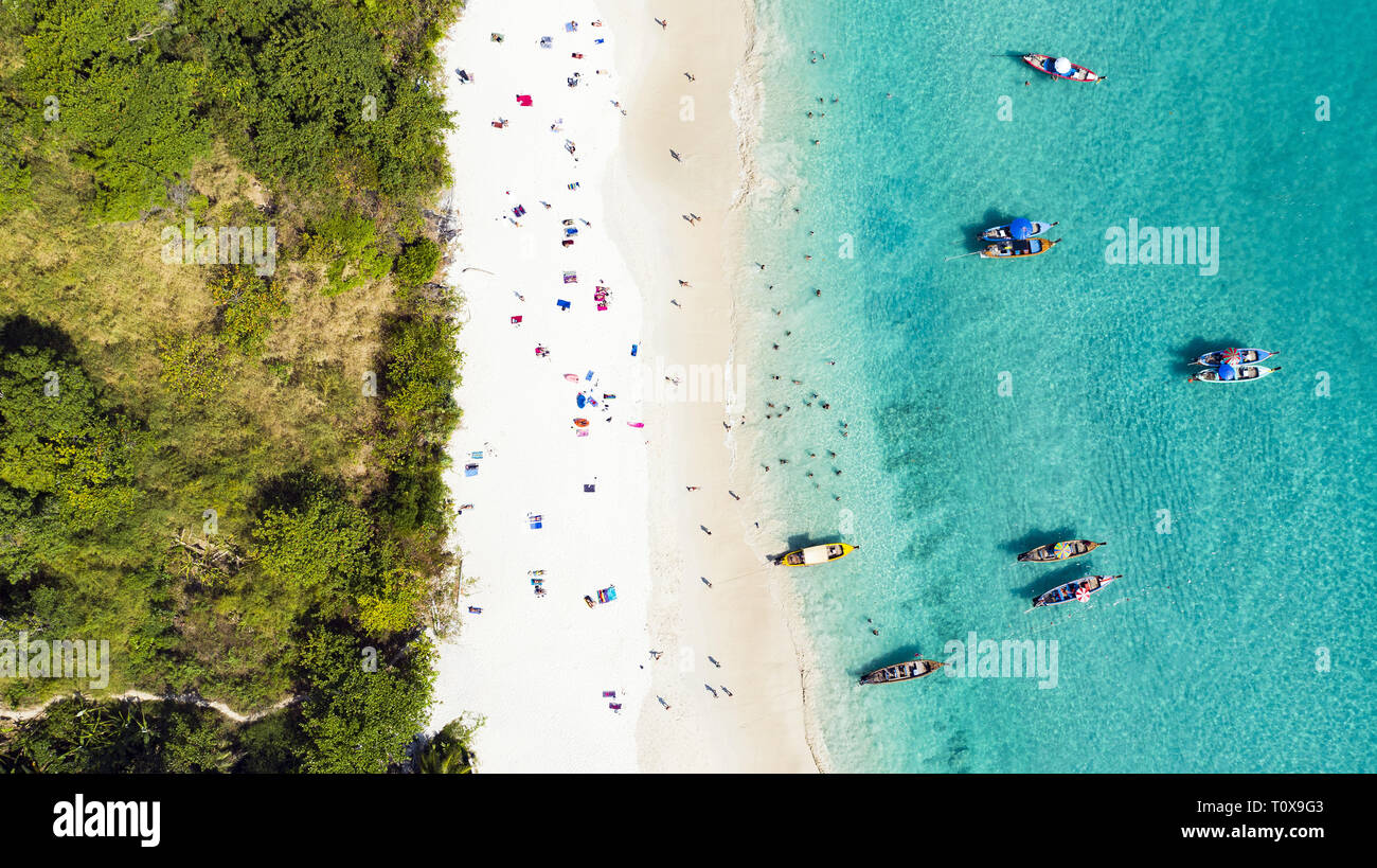 View from above, aerial view of a beautiful tropical beach with white ...