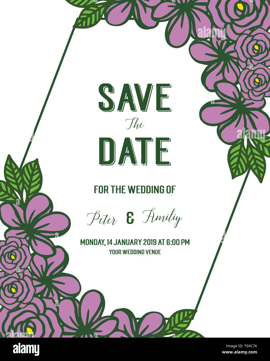 Vector illustration wedding date card with various design purple wreath ...