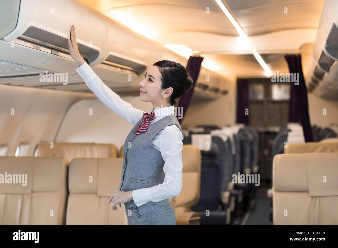 Airline stewardess working on airplane Stock Photo - Alamy