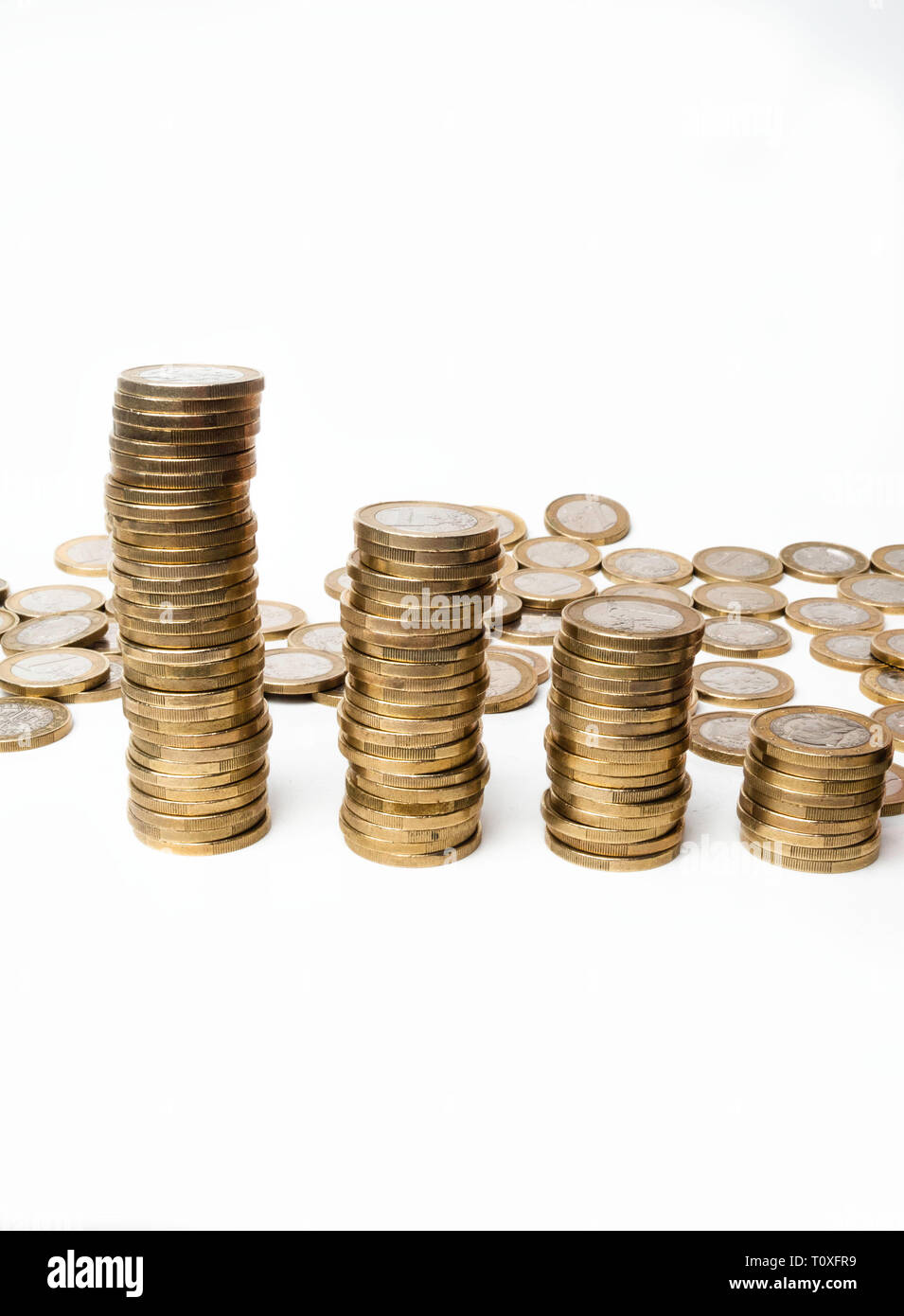 towers of coins isolated on white background, studio shot copy space ...