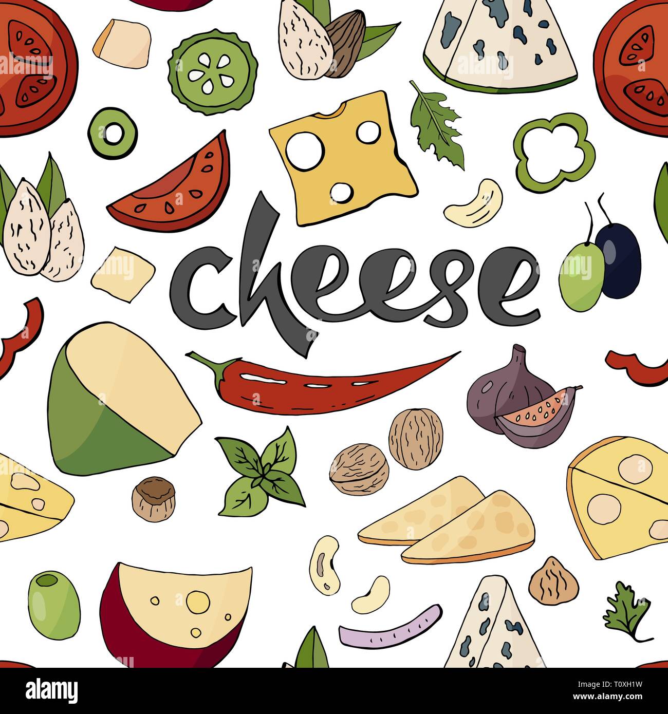 Seamless pattern with cheese and vegetables on white background ...