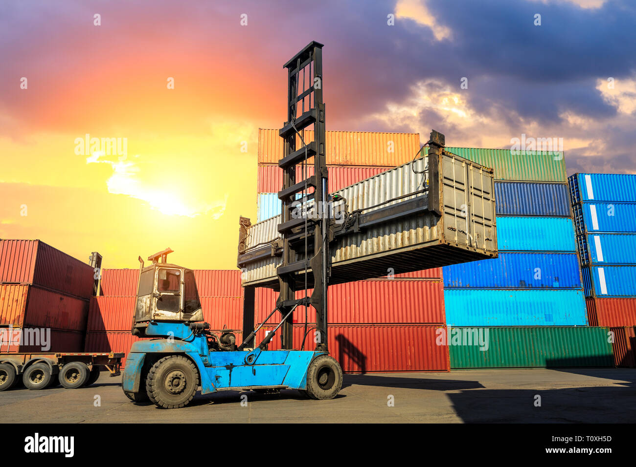 Forklift container loading and unloading cargo into the import-export ...