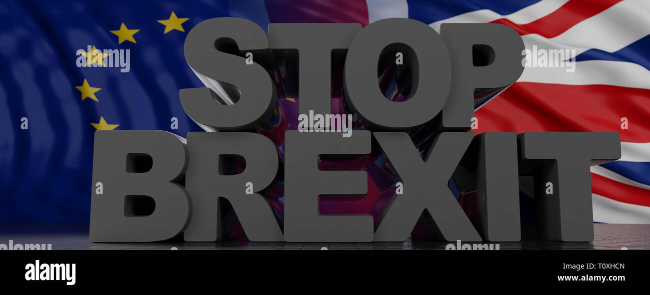Stop Brexit concept. Text STOP BREXIT in big solid dark gray letters ...