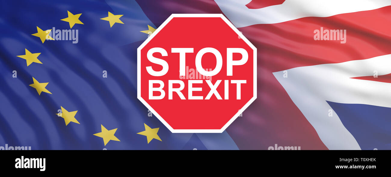Stop Brexit concept. Red stop sign with text STOP BREXIT against UK and ...