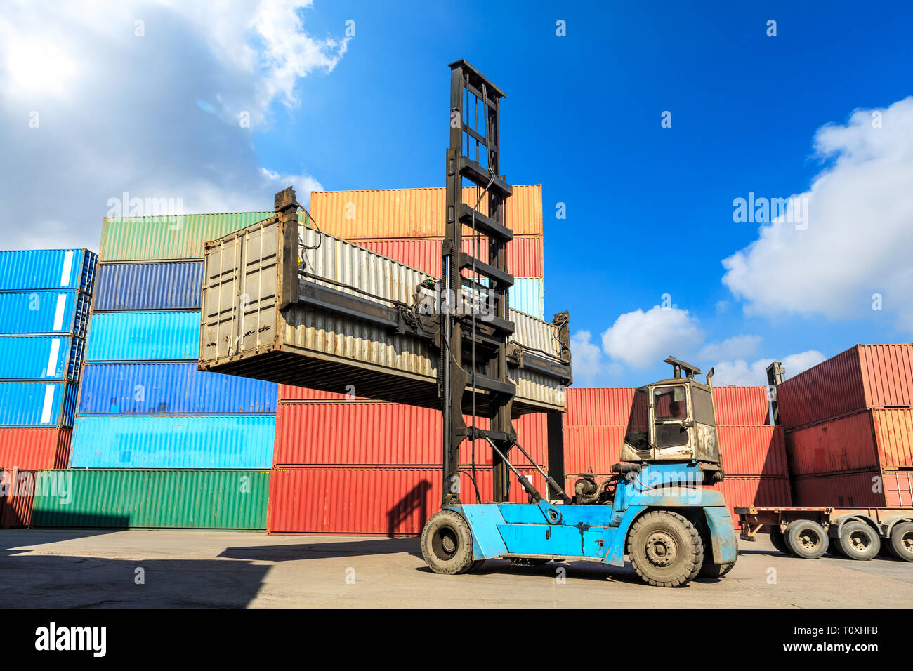 Forklift container loading and unloading cargo into the import-export ...