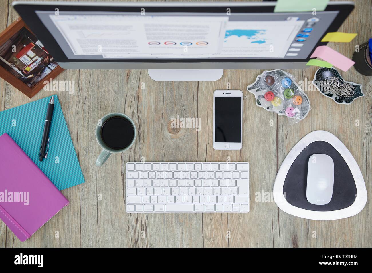 Top down view of working desk Stock Photo - Alamy