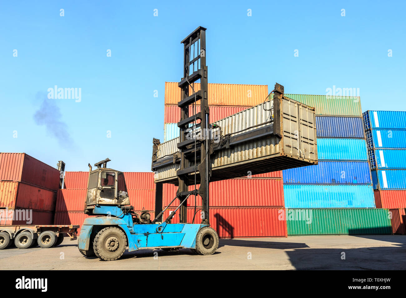 Forklift container loading and unloading cargo into the import-export ...