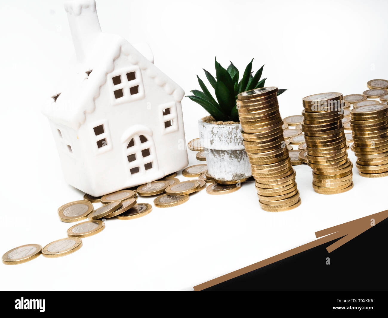 white house model and growing plant, coin money towers for finance and ...