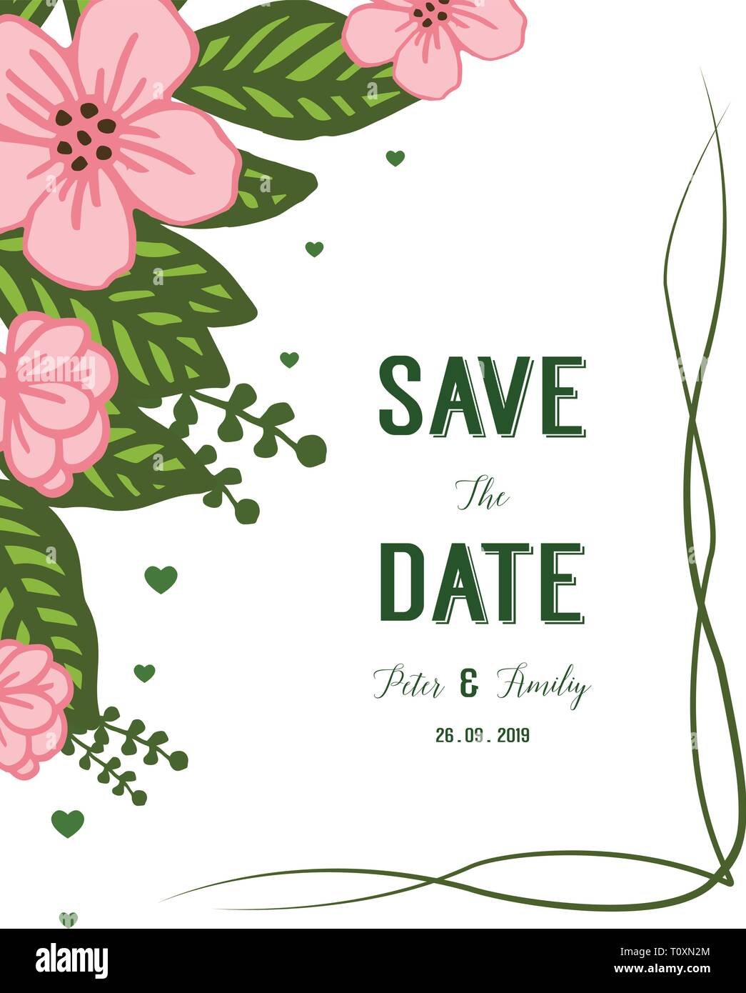 Vector illustration pink flower frame isolated white background with wedding invitation design ...