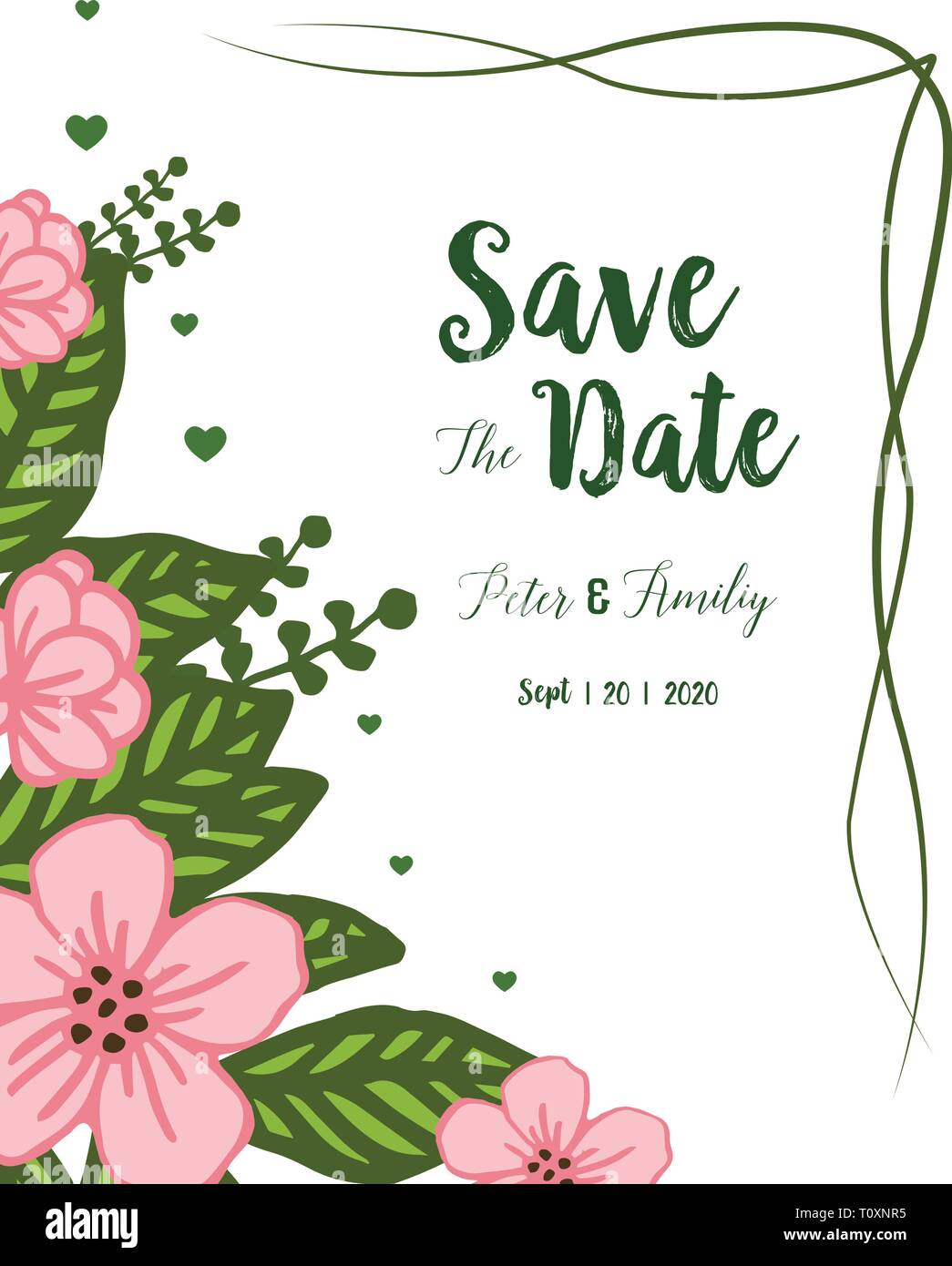 Vector illustration pink flower frame isolated white background with wedding invitation design ...