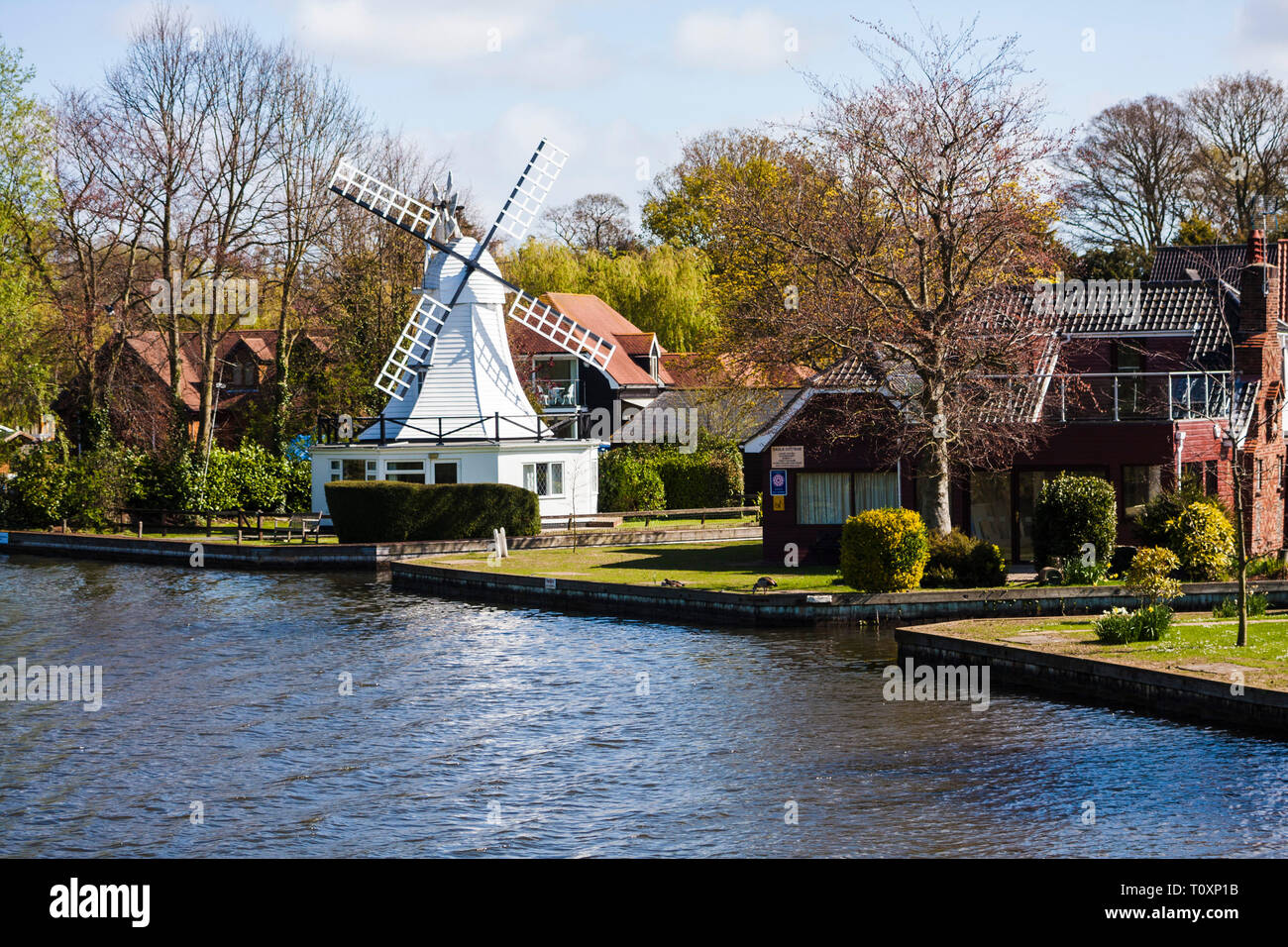 A windmill and quaint houses on the Norfolk Broads,England,UK Stock ...