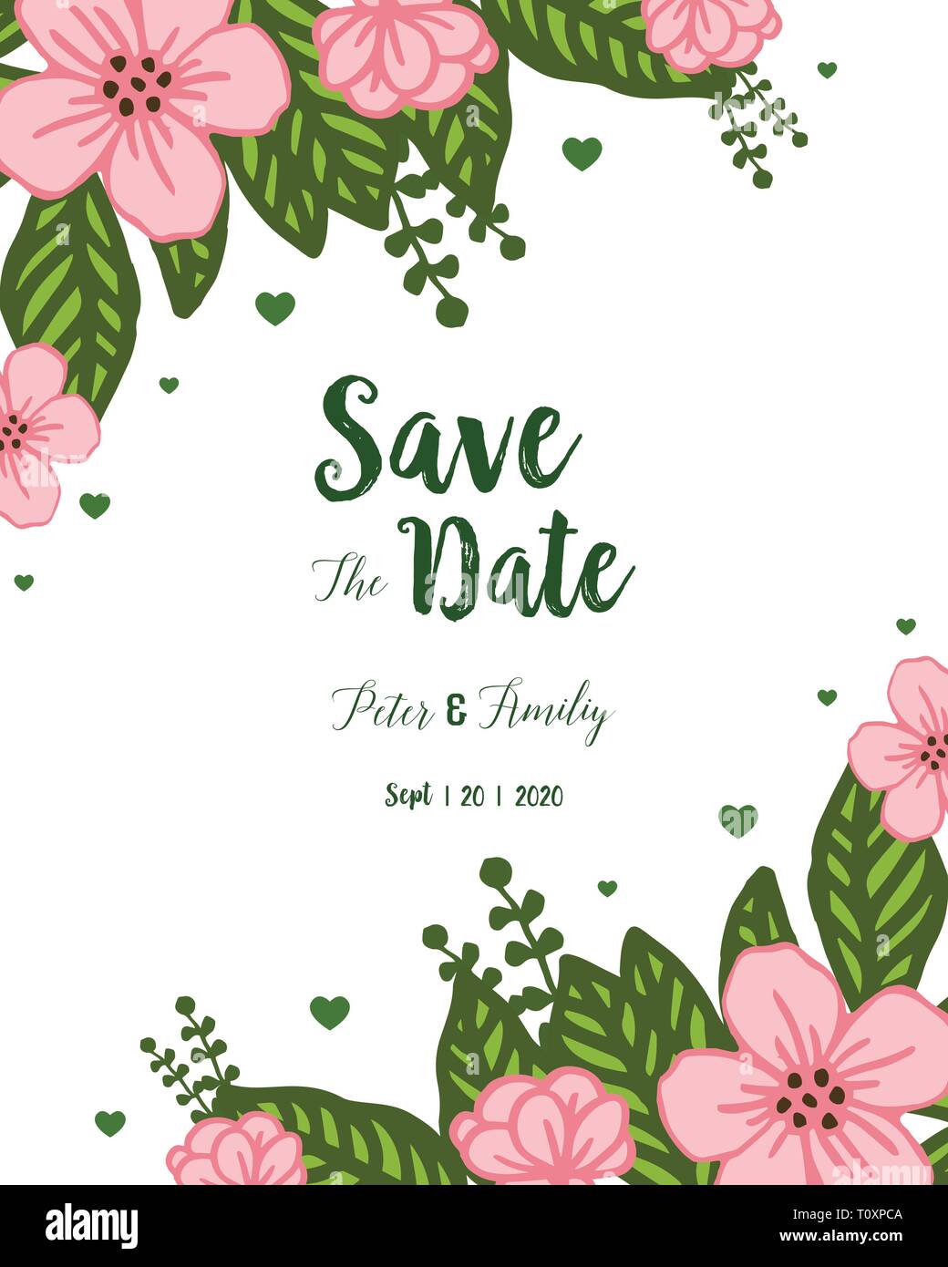 Vector illustration pink flower frame and decorative leaves with backdrop to save the date hand ...