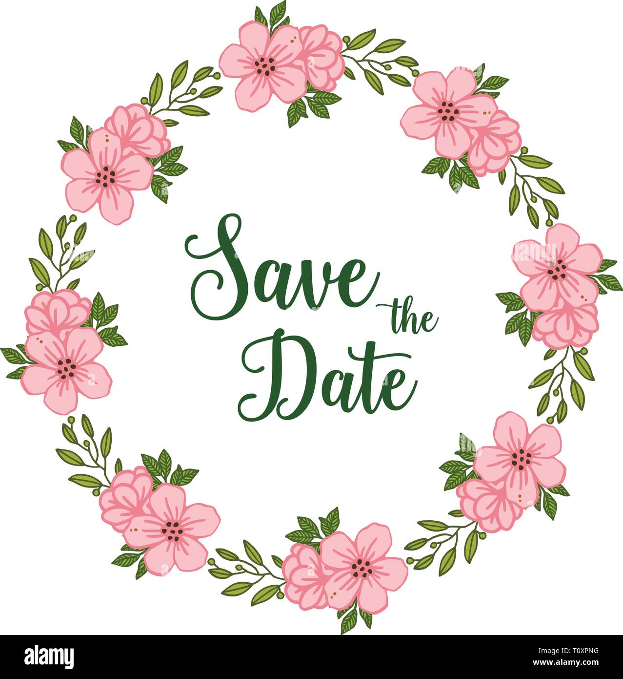 Vector illustration pink flower frame and decorative leaves with backdrop to save the date hand ...