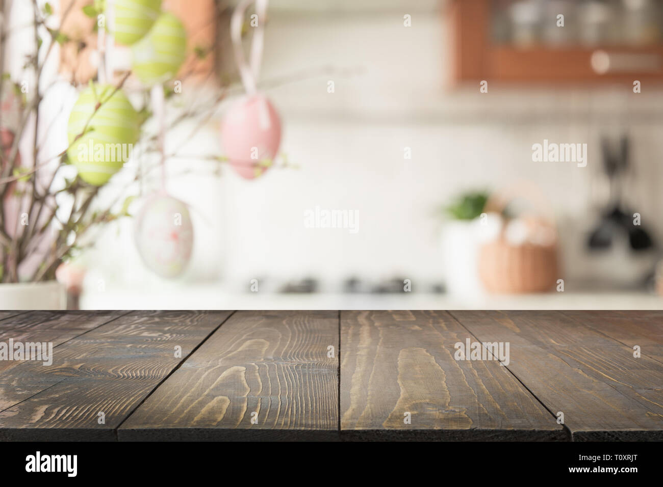 Wooden tabletop with empty space for display your product. Blurred ...