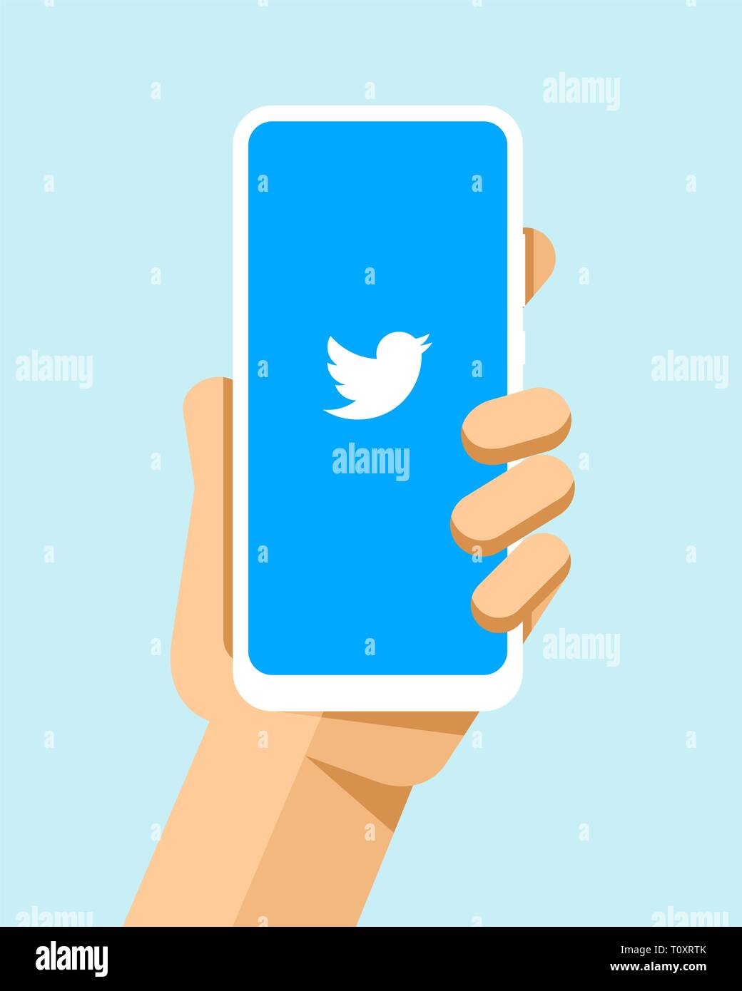 Hand holds the smartphone with Twitter application on the screen. Flat ...