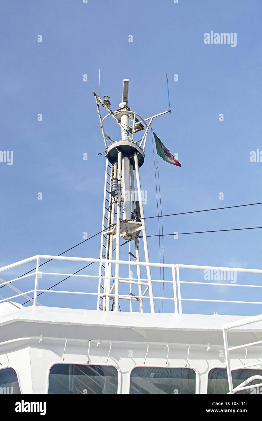 Radar technology on top of ferry boat with Italian flag variation ...