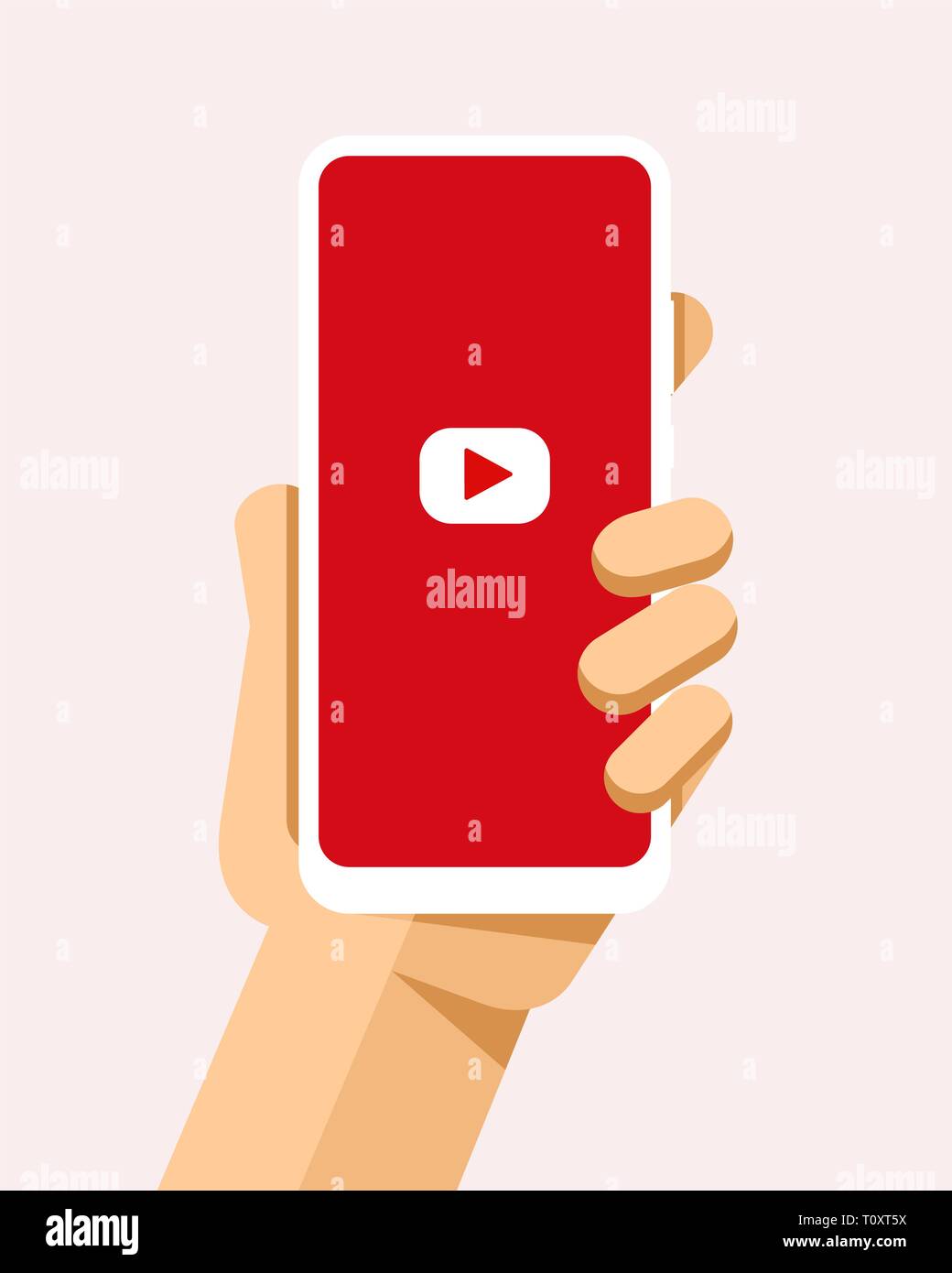 Hand holds the smartphone with YouTube application on the screen. Flat ...