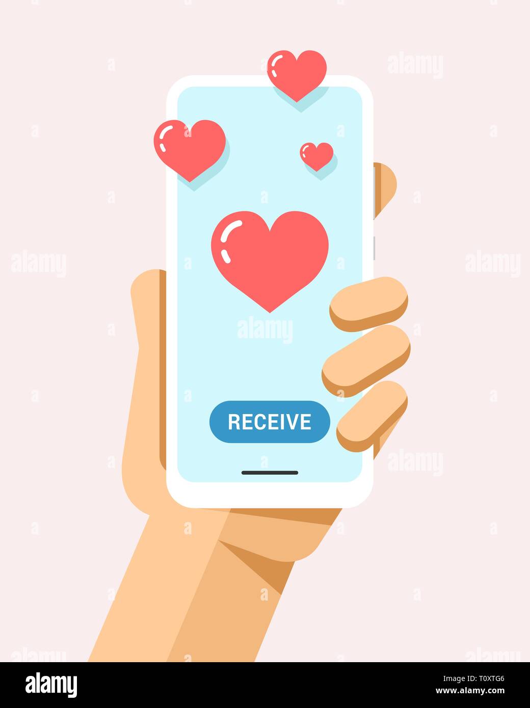 Hand holds the smartphone with many hearts on the screen. Flat vector ...
