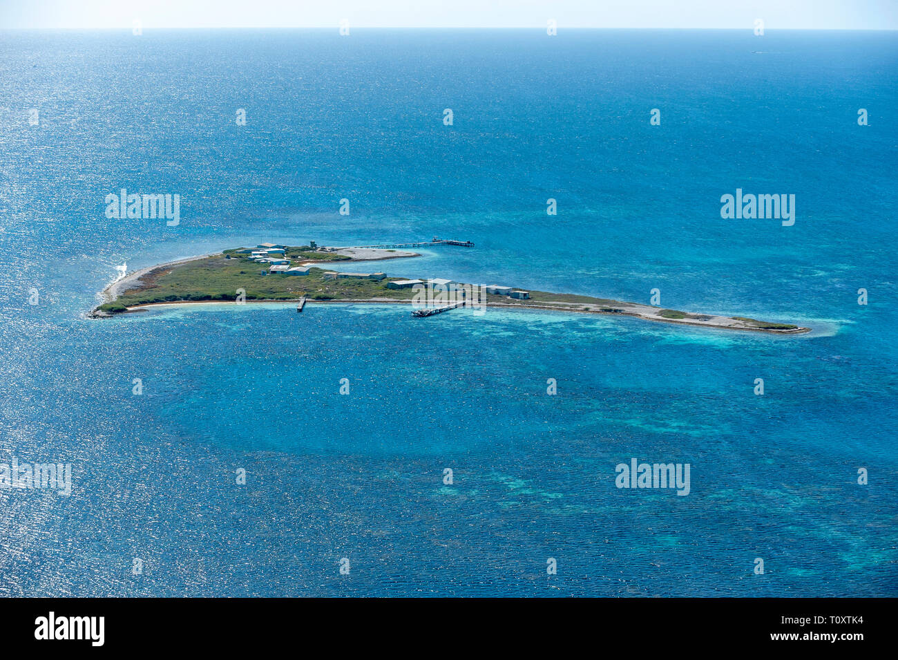 Aerial view of Beacon island in the Houtman Abrolhos before the island ...