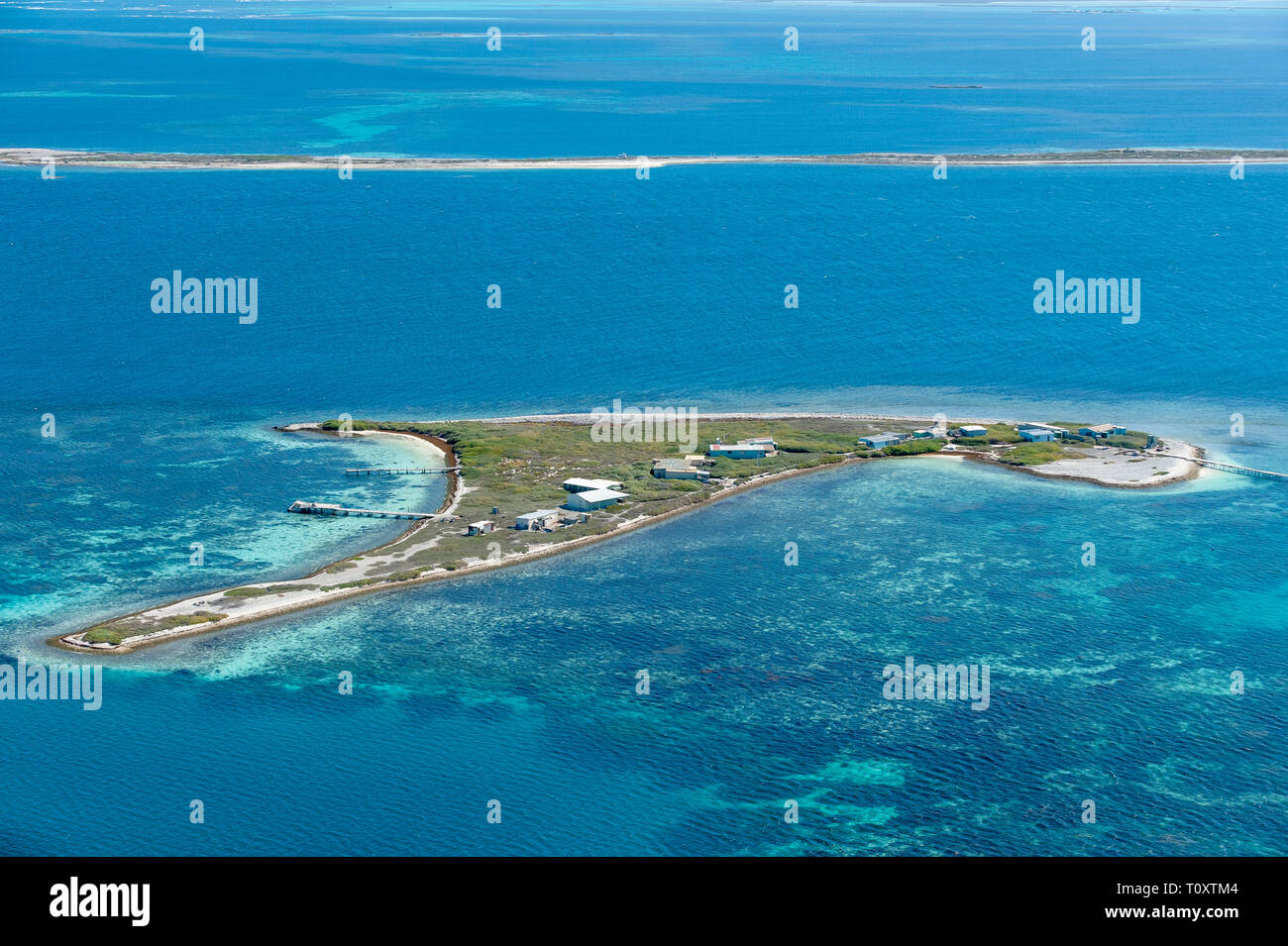 Aerial view of Beacon island in the Houtman Abrolhos before the island ...
