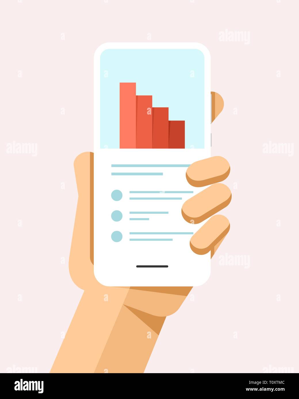 Hand holds the smartphone with financial value drop chart. Flat vector ...