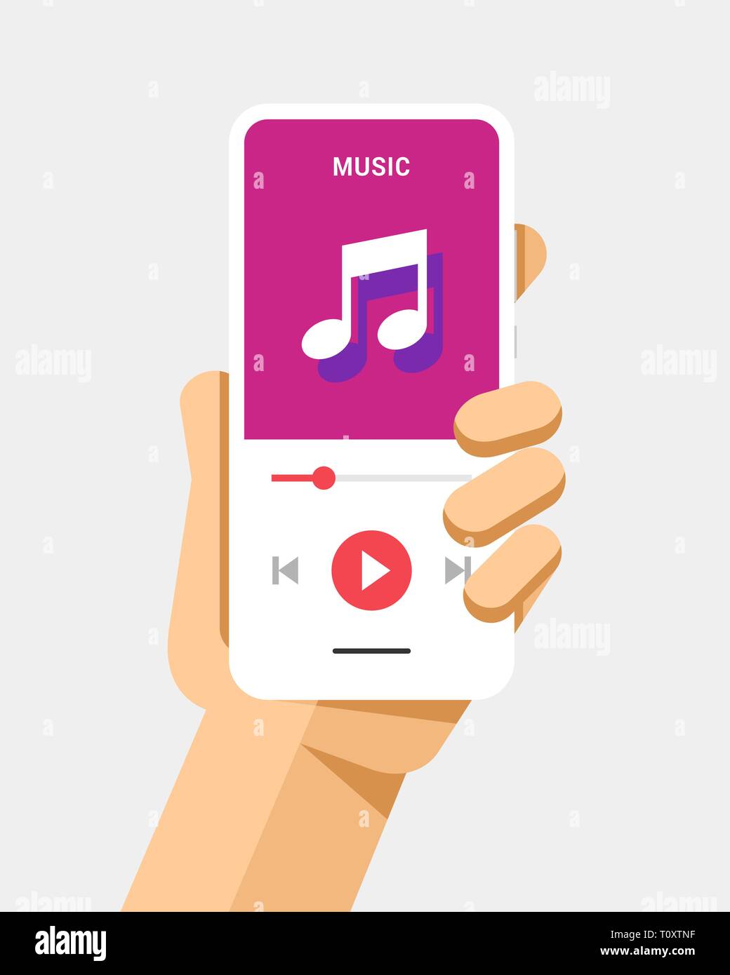 Hand holds the smartphone with music player application. Flat vector ...