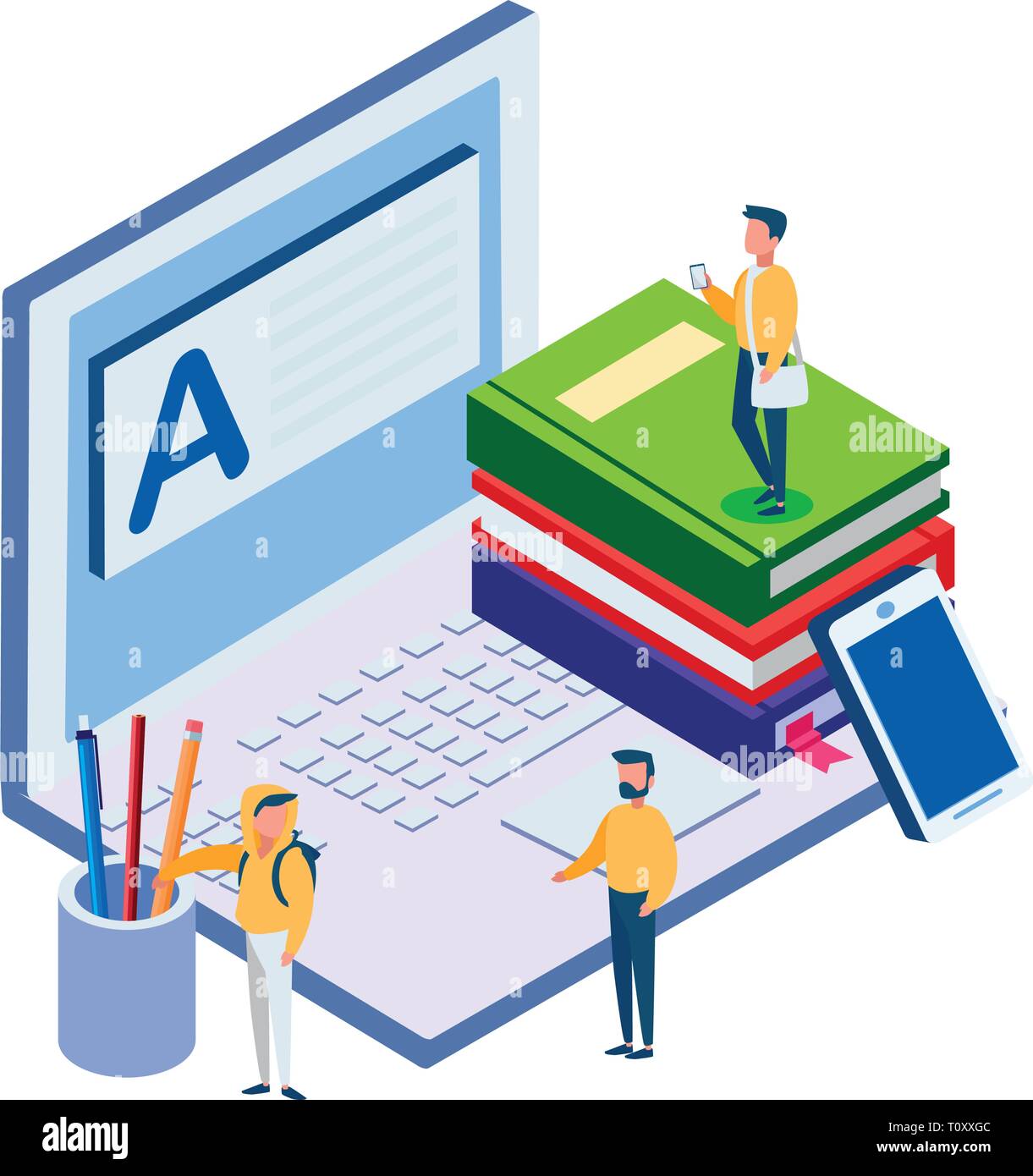 pile text books with laptop and mini people vector illustration design ...