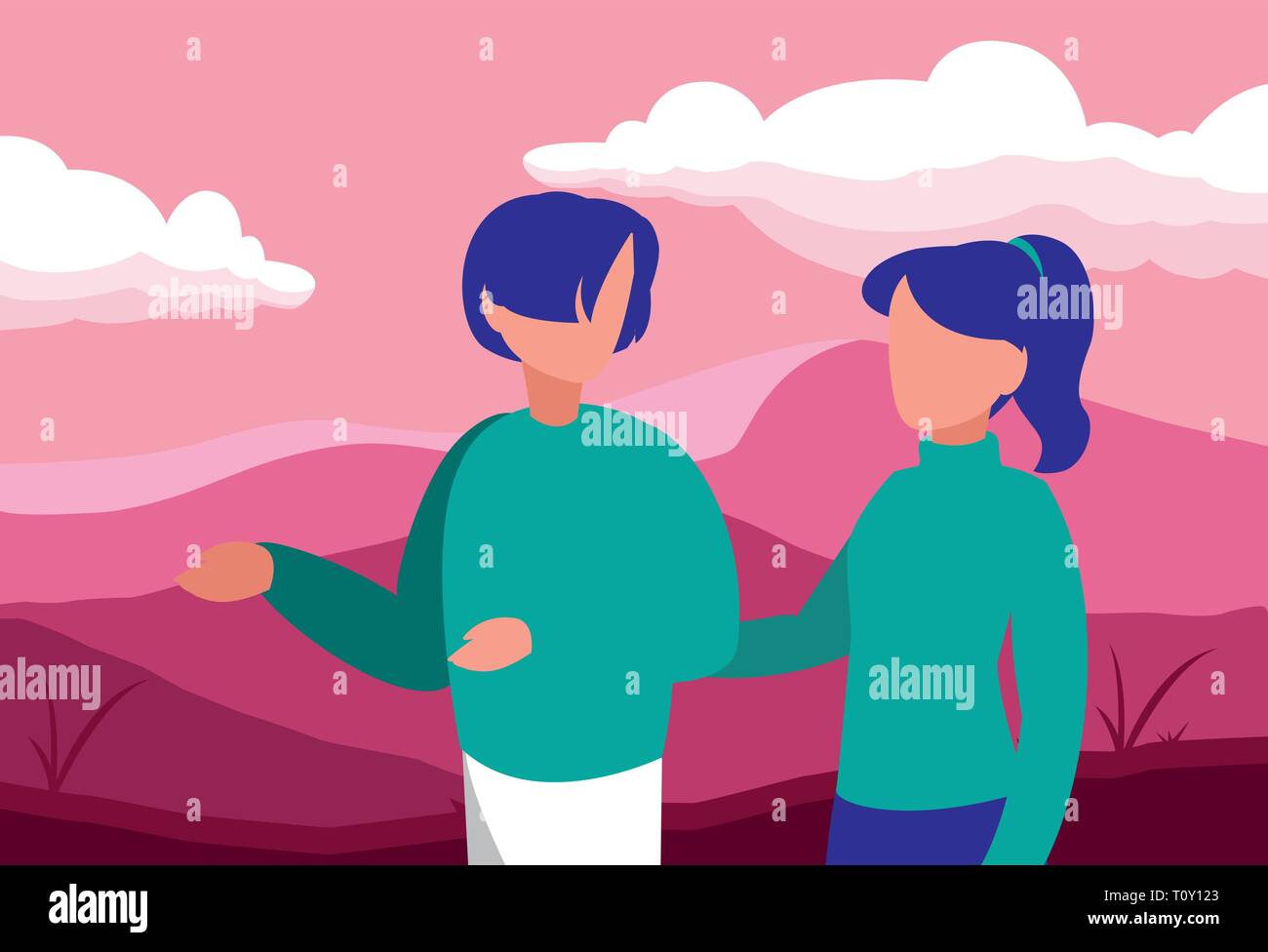 young couple in desert landscape dry scene scene vector illustration ...