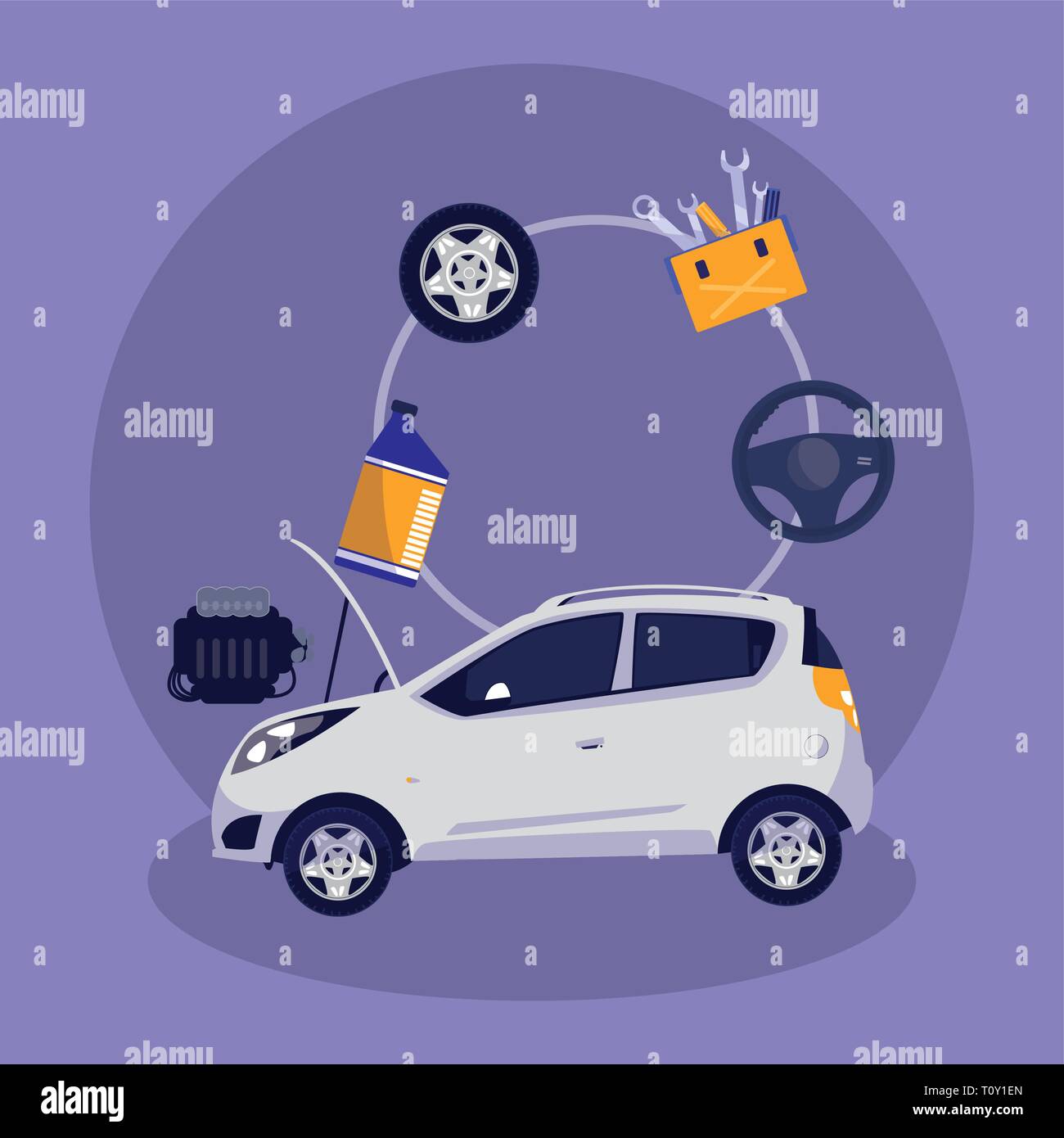 car vehicle with engine out in mechanical workshop vector illustration ...