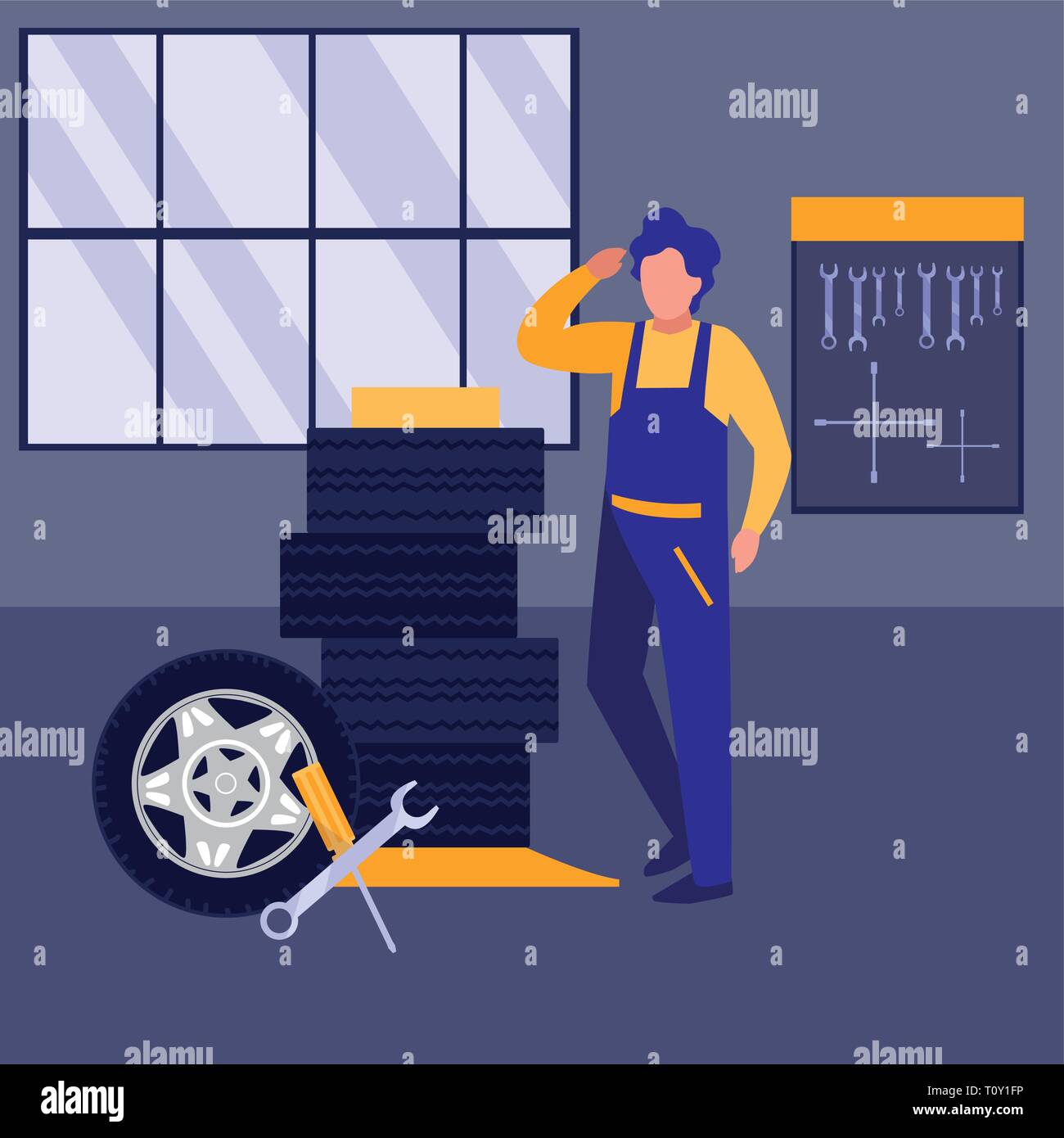 mechanic worker with tires car vector illustration design Stock Vector ...