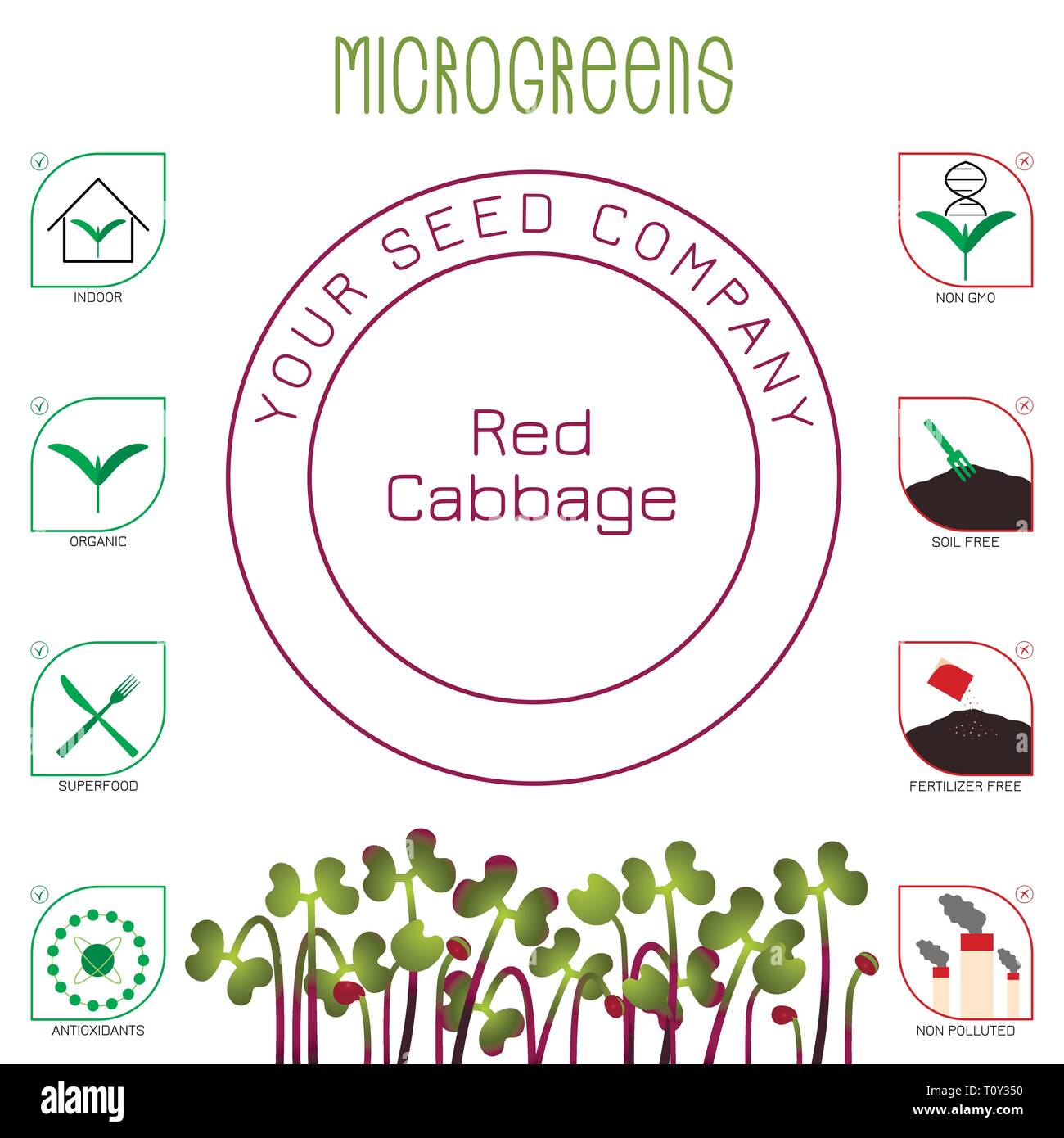 Microgreens Red Cabbage. Seed packaging design. Icons - indoor, organic ...