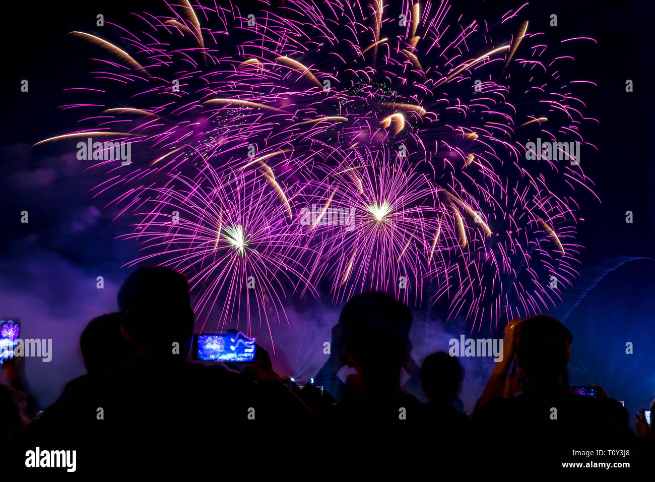 Crowd watching fireworks and celebrating city founded. Beautiful ...