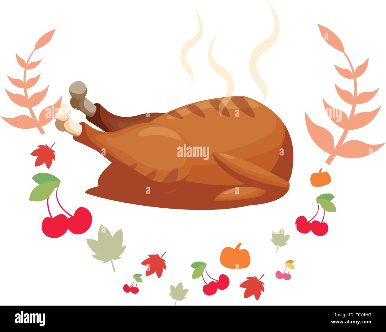 thanksgiving celebrate chicken leaves cherries vector illustration ...