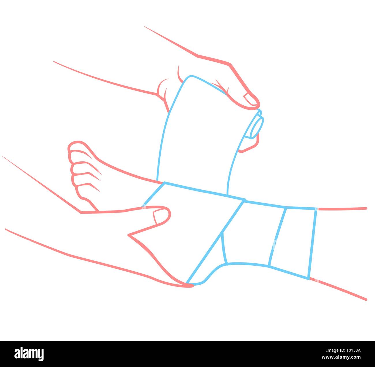 first aid in the form of a hand that bandaging the foot. Illustration ...