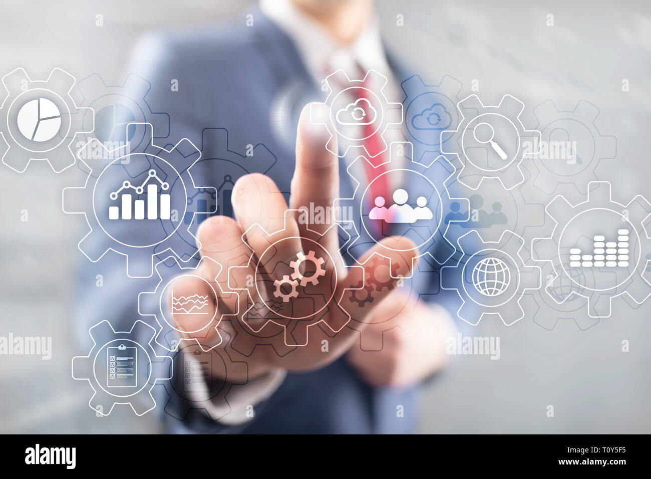 Business process abstract diagram with gears and icons. Workflow and ...