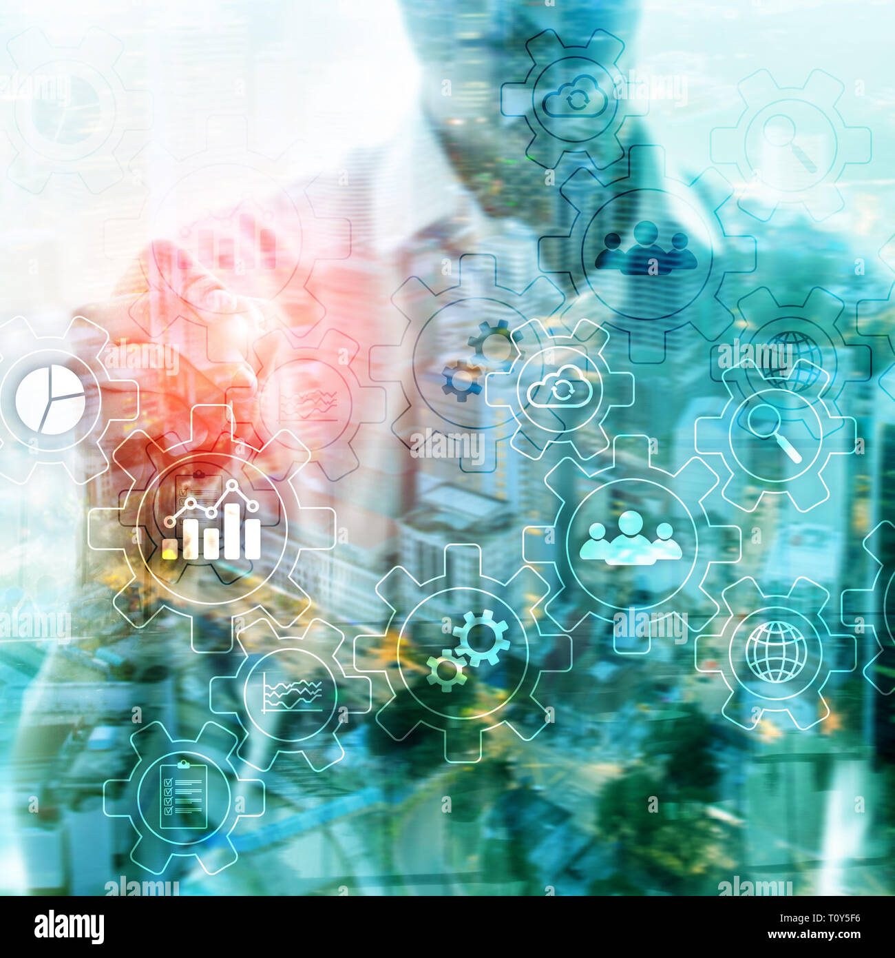 Business process abstract diagram with gears and icons. Workflow and ...