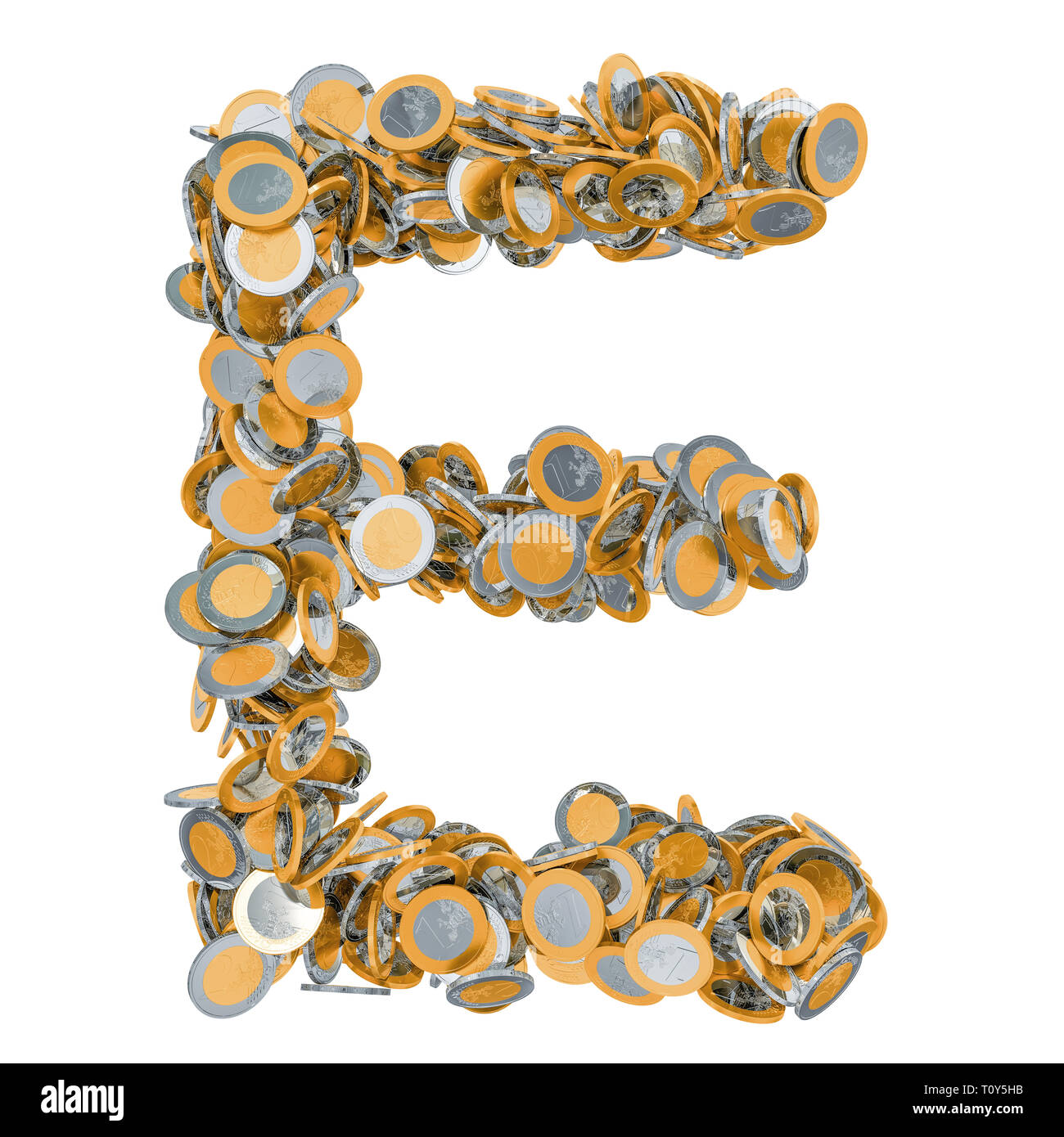 Alphabet letter E from euro coins. 3D rendering isolated on white ...