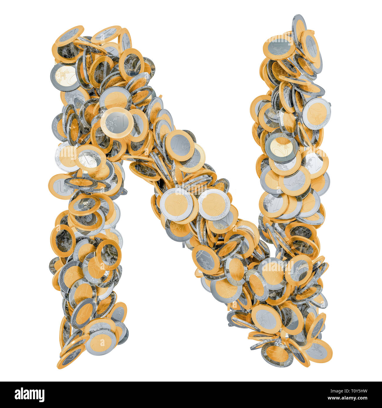 Alphabet letter N from euro coins. 3D rendering isolated on white ...